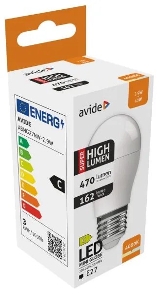 Ultra úsporná prémiová LED žárovka E27 2,9W 470lm G45 denní, ekv. 40W, 3 roky