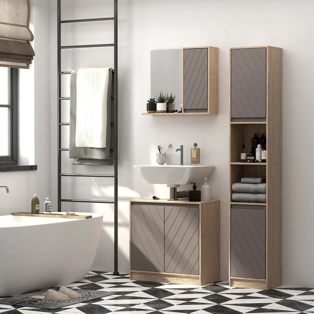 HOMCOM Koupelnová skříňka se zrcadlem, nástěnný pomocný nábytek s 1 dveřmi a nastavitelnou policí, moderní styl 57x14,2x49,2 cm, dubová a šedá