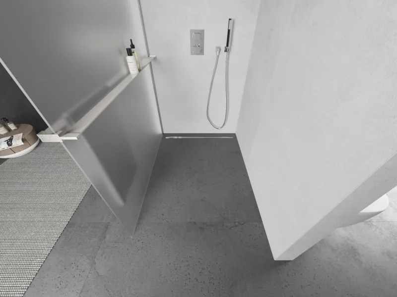 Mexen Kioto+ L, sprchová zástěna Walk-In s poličkou a věšákem 100 x 200 cm, 8mm sklo námraza, broušená ocel profil, 800-100-123-97-30