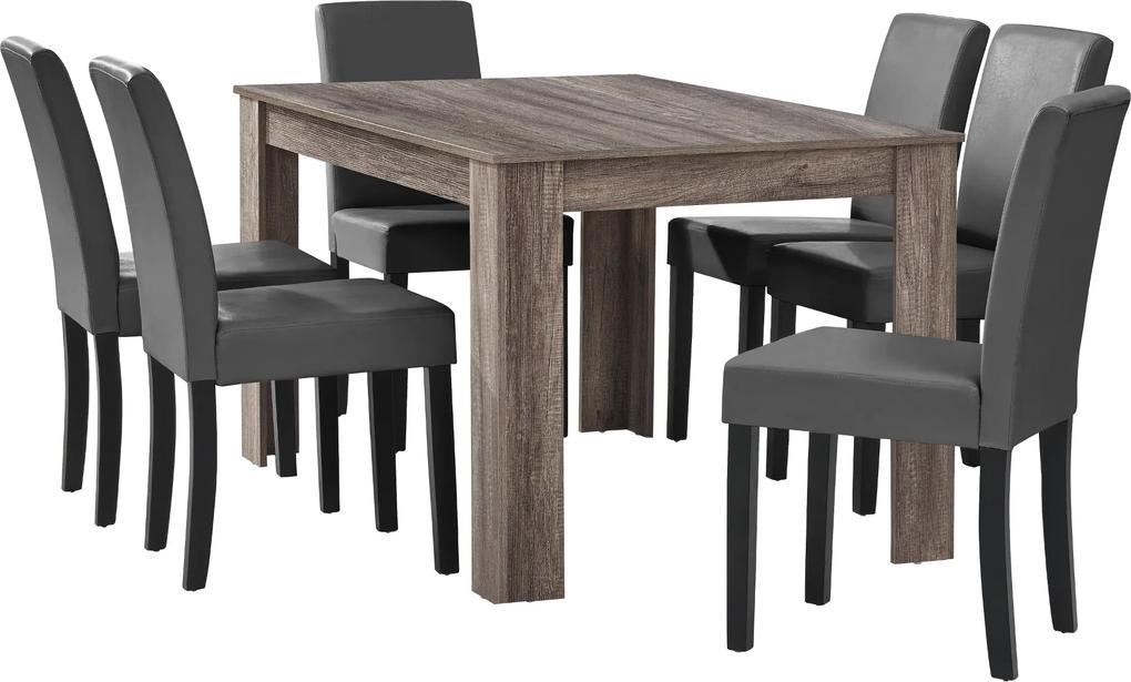 [en.casa] Jídelní set 1x jídelní stůl "Nora" HTFU-1402 dub tmavý a 6x jídelní židle HTMY-9703 tmavě šedá