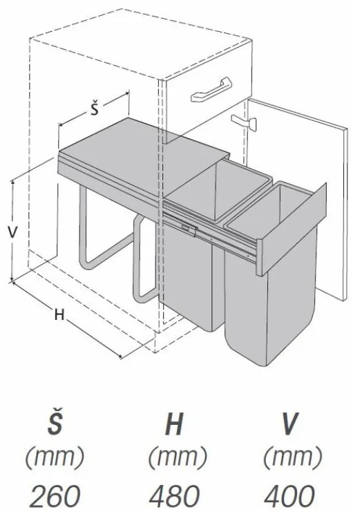 Výsuvný odpadkový 2-koš, 1x20 l + 1x10 l, K30-šedý plast