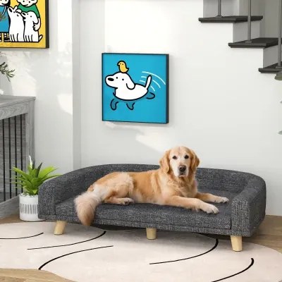 PawHut pohovka pro velké psy, zvýšená psí postel s pratelným polštářem a dřevěnými nohami, nosnost 30 kg, 98x67x25 cm, tmavě šedá