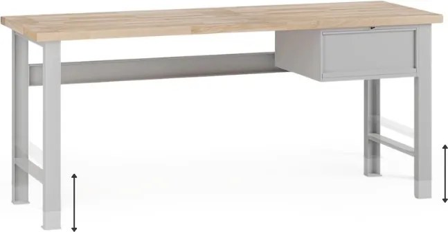 Výškově nastavitelný dílenský stůl G7, buková spárovka, 2000 x 800 x 840-1040 mm, 1x kontejner, 1 zásuvka, šedá