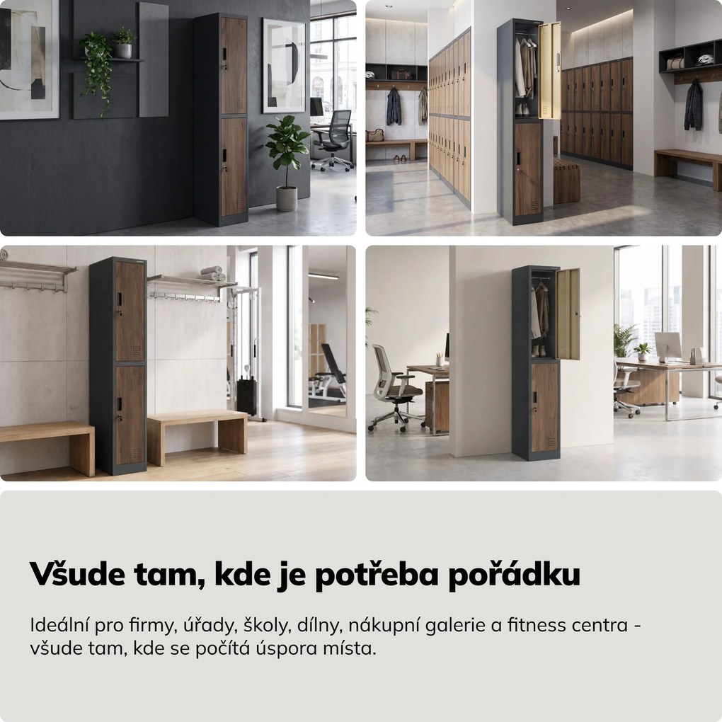 Šatní skříňka BHP, zaměstnanecká, jednotlivá, 2 schránky s tyčí, antracitová/ořech, 316,5x1850x450 mm: IGOR 1 Plus Eco Design