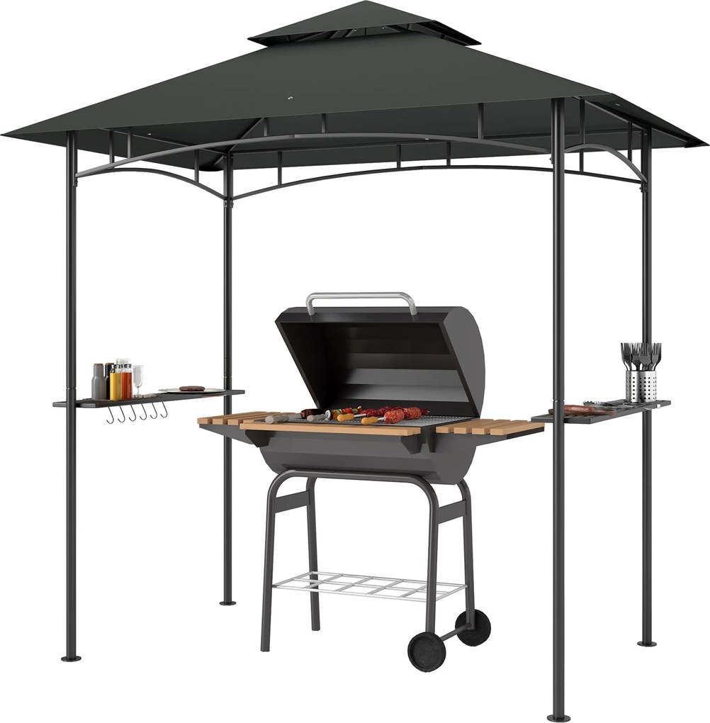 Outsunny BBQ pavilon s LED 240 x 150 x 258 cm, voděodolný a ohnivzdorný zahradní pavilon s dvouvrstvou střechou, bočními policemi, zahradní pergola s