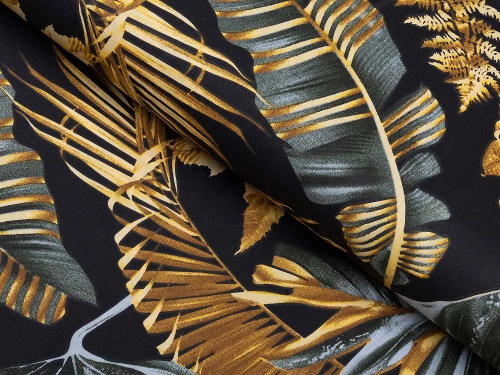 Biante Bavlněný běhoun na stůl Sandra SA-389 Šedozelené a zlaté tropické listy na černém 45x160 cm