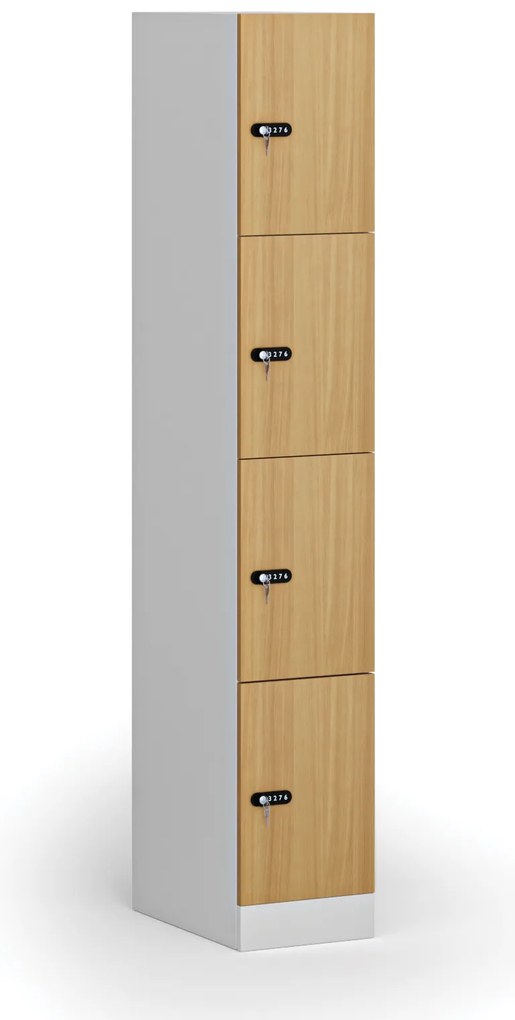 Šatní skříňka S1 s úložnými boxy, 4 boxy, 1850 x 300 x 500 mm, demont, mechanický kódový zámek, laminované dveře, buk