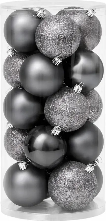 Sada vánočních ozdob šedá 8 cm plastové koule, 12× matná, 12× glitter, balení 24 baněk