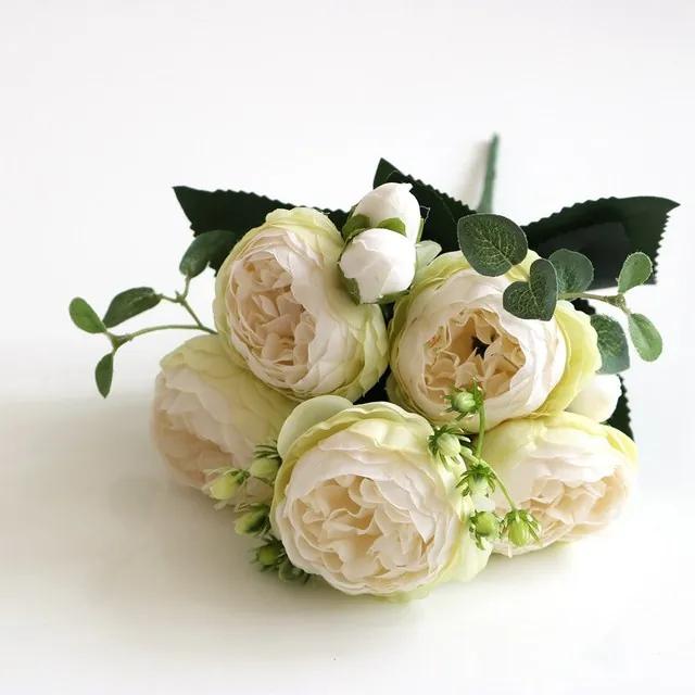 Umělá kytice 5 květů s listy - pivoňka, čajová růže Barva: mléčně bílá