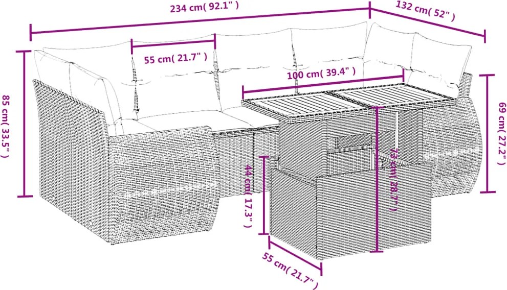 7dílná zahradní sedací souprava s poduškami šedá polyratan 3272096