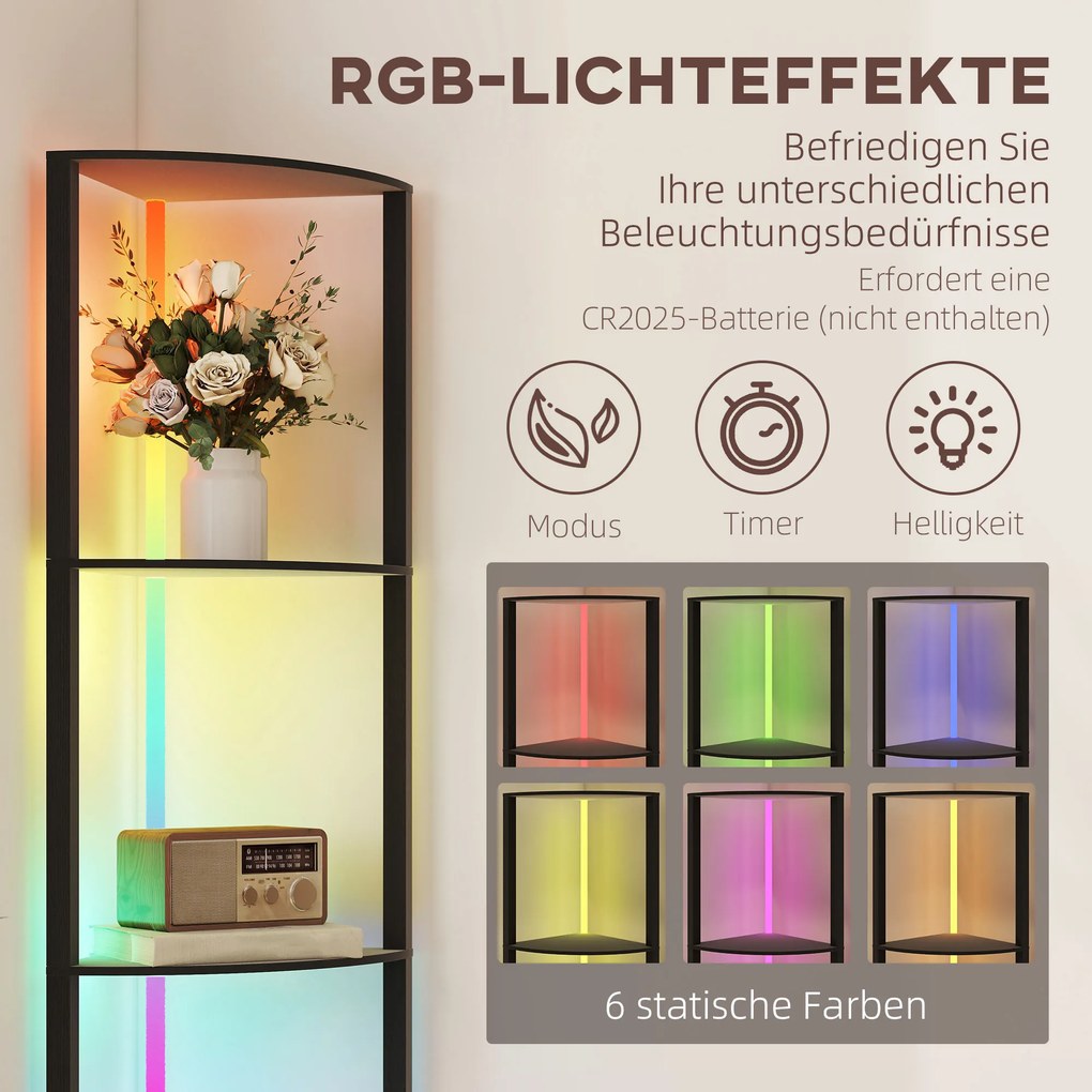 HOMCOM LED stojací lampa, 5stupňově stmívatelná lampa s policí, RGB měnění barev, dálkové ovládání B31-552V90BK
