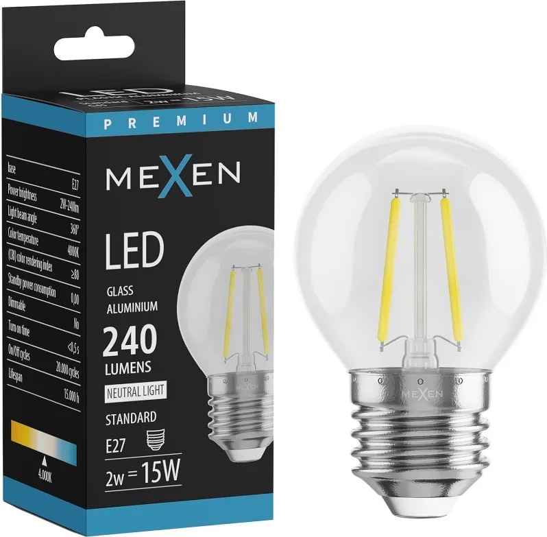 Mexen Vintis, LED filamentová žárovka E27, G45, 2 W, neutrální bílá 4000K, čirá, L156-E27-0240-00