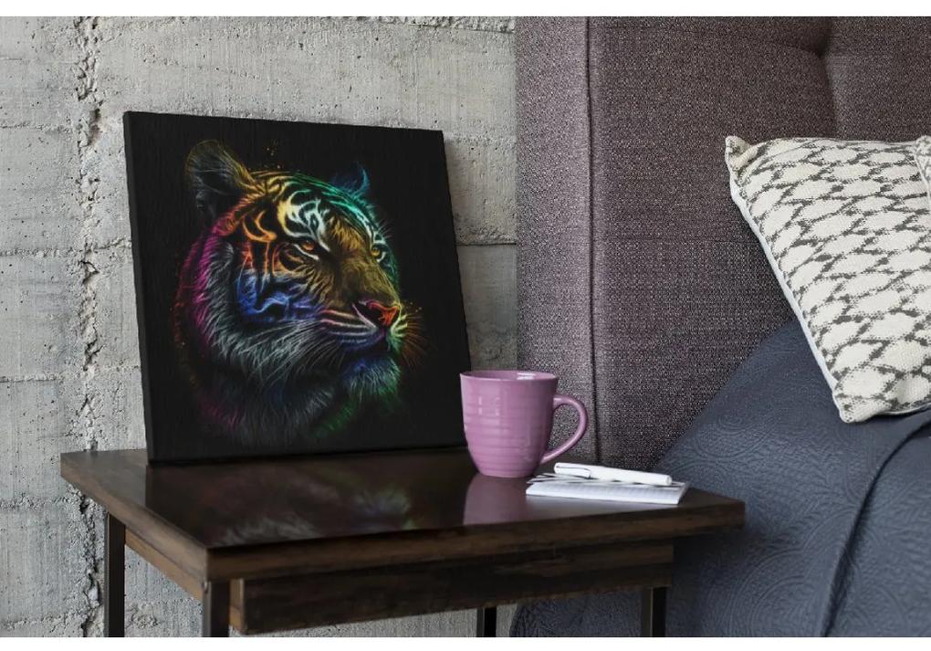 Obraz na plátně - barevný tygr na černém pozadí FeelHappy.cz Velikost obrazu: 140 x 140 cm