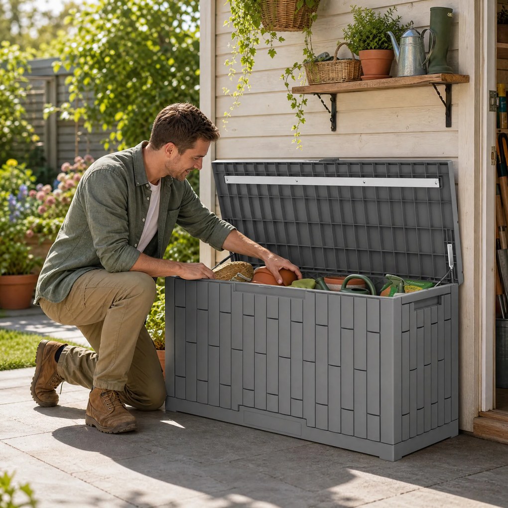Outsunny Zahradní úložný box 379 l, šedý dekor dřeva