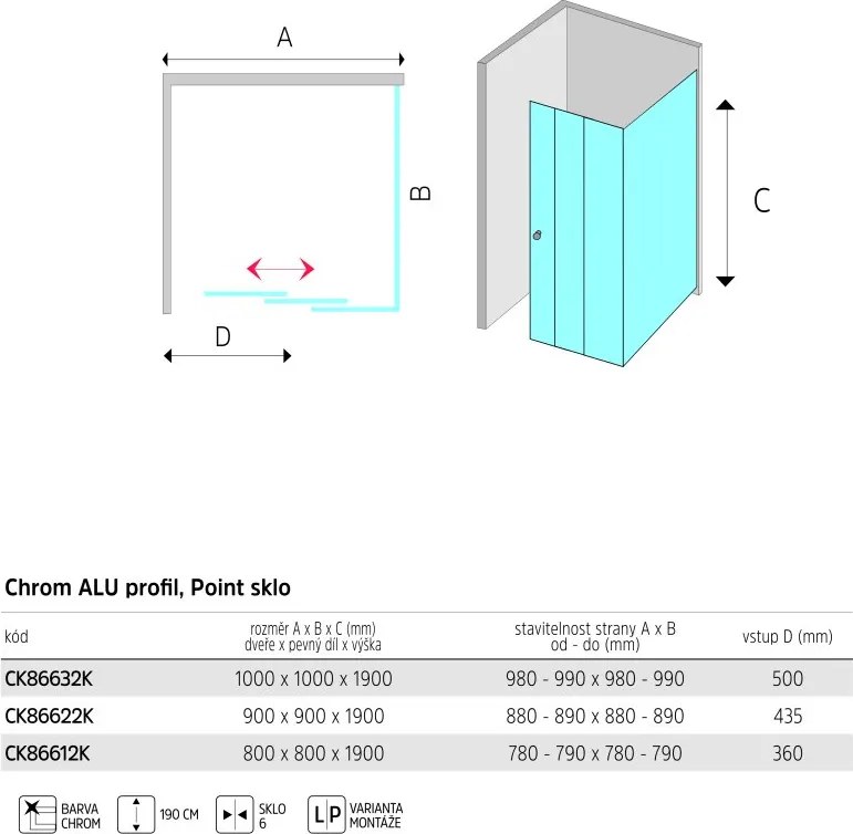 Mereo Mereo, Sprchový kout, Lima, čtverec, chrom ALU, sklo Point, CK86622K