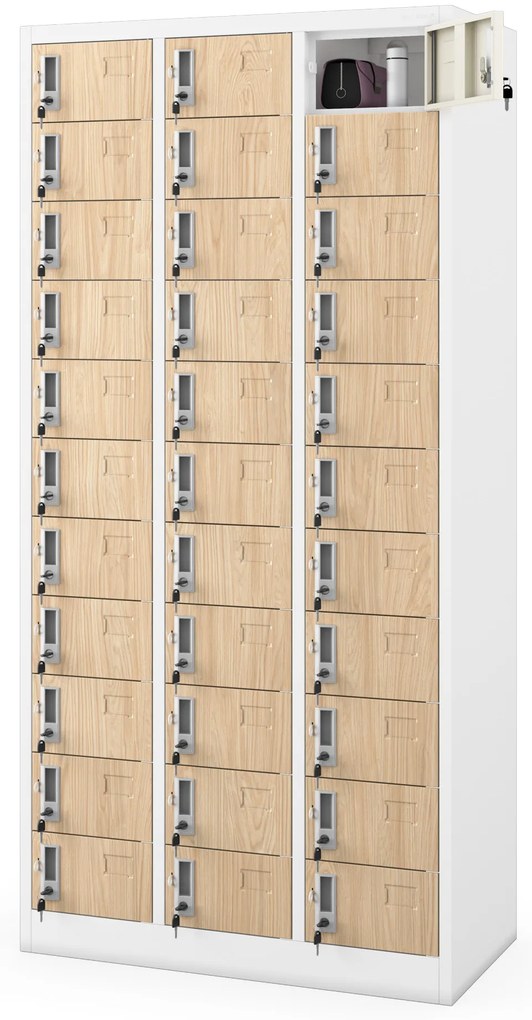Depozitní skříňka s 33 uzamykatelnými boxy, bílá / dub sonoma, 900x1850x450 mm: OLIVER Eco Design