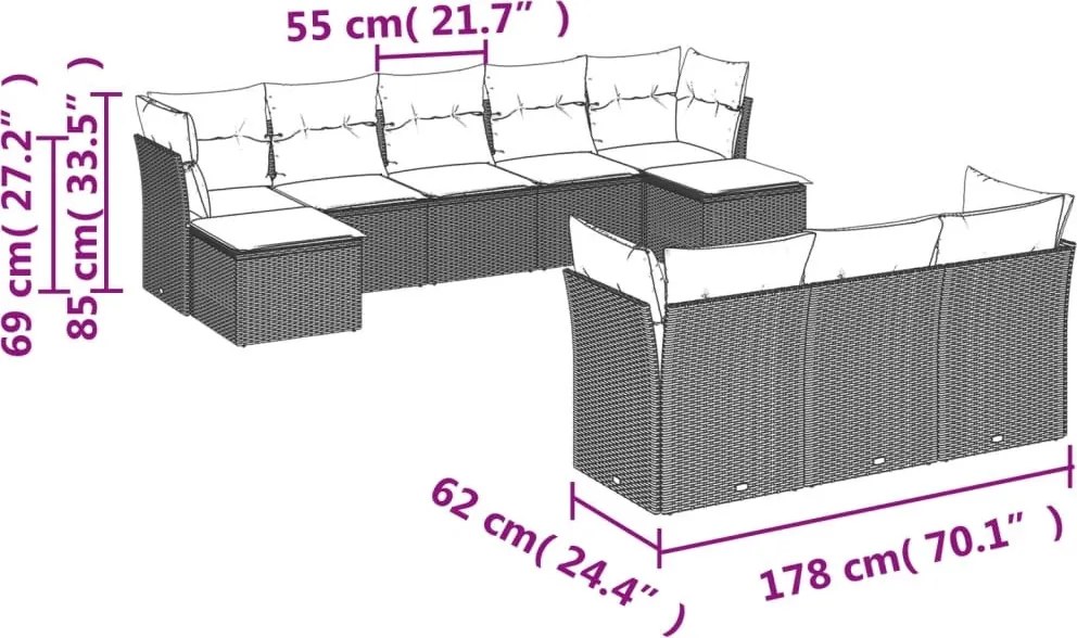 vidaXL 10dílná zahradní sedací souprava s poduškami polyratan [3218328] Barva: Šedá