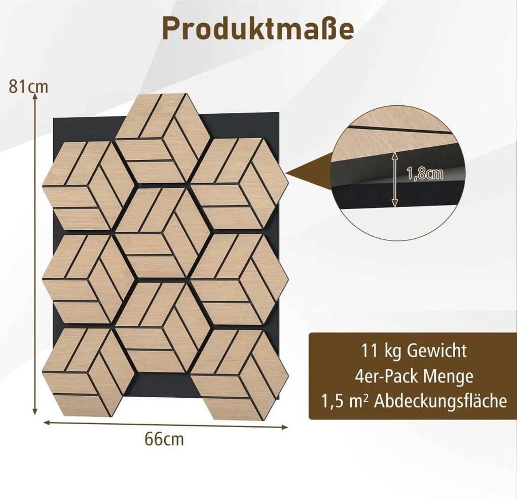 Costway 4 Kusy akustických panelů na stěny s 9 Šestihranné dřevěné panely