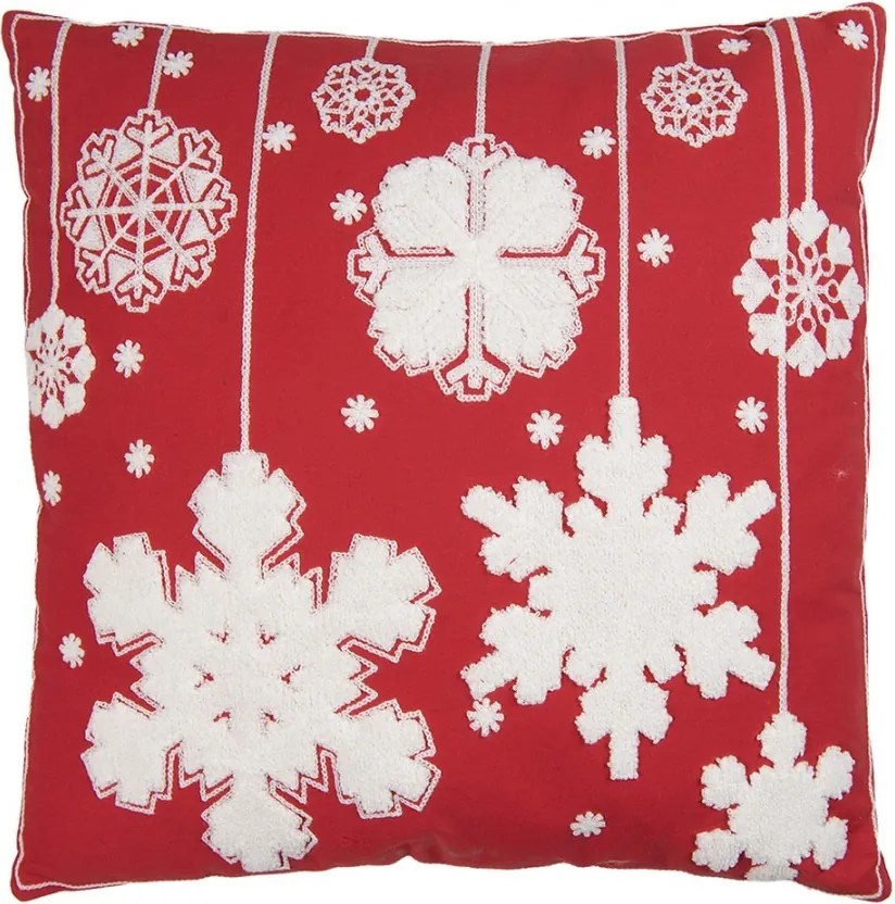 Bílo-červený polštář se sněhovými vločkami - 45*5*45 cm