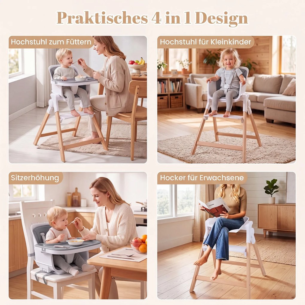 Costway Vysoká stolička baby 4 v 1 dětská vysoká židle skládací – šedá