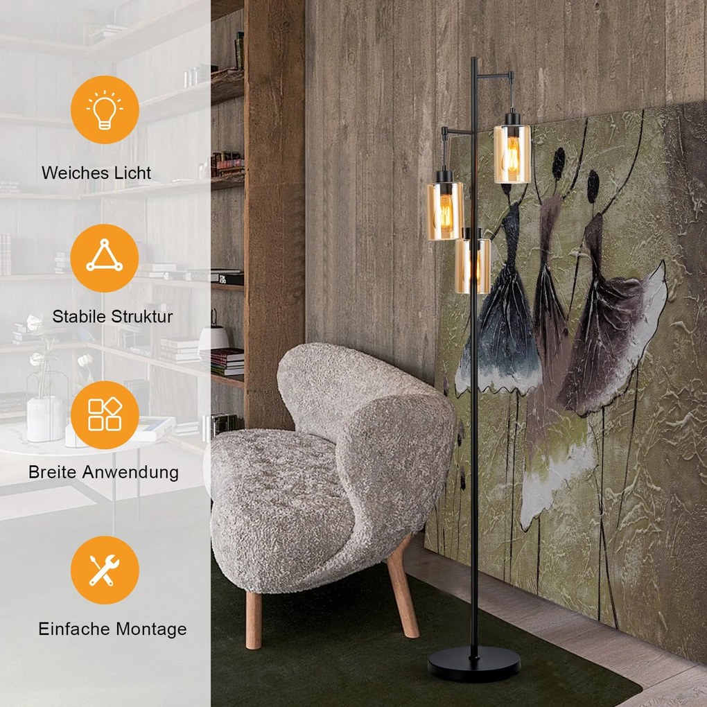 Costway Stojací lampa 164 cm s 3 závěsnými stínidly z jantarového skla a nožním
