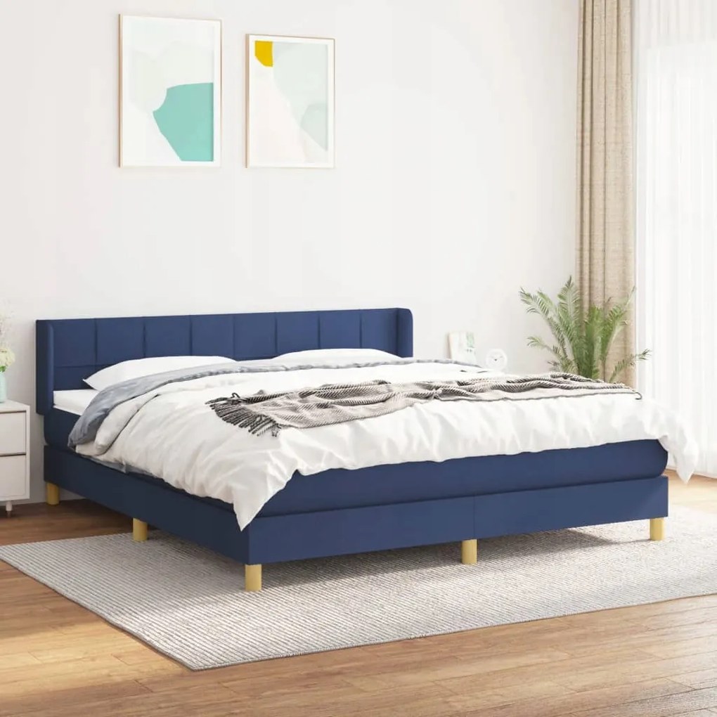 Box Spring Postel S Matrací Textil Modrá Blok se čtverci 160 x 200 cm