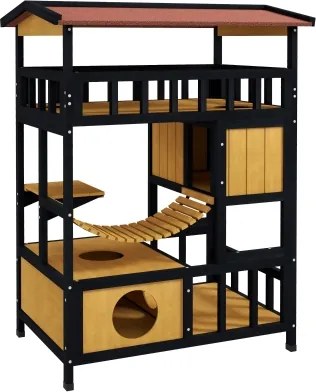 PawHut Dům pro kočky, kočičí ráj s platformami, visutým mostem a kočičími jeskyněmi, vhodný pro až 2 kočky, dřevo