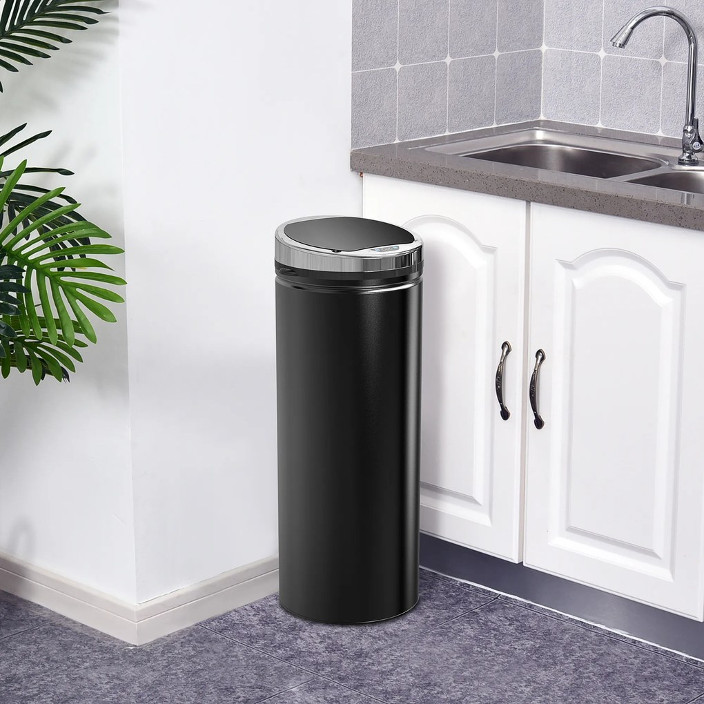 HOMCOM Senzorový odpadkový koš 50 l, automatický odpadkový koš, nerezový kuchyňský koš, infračervený senzor, černý, nerez