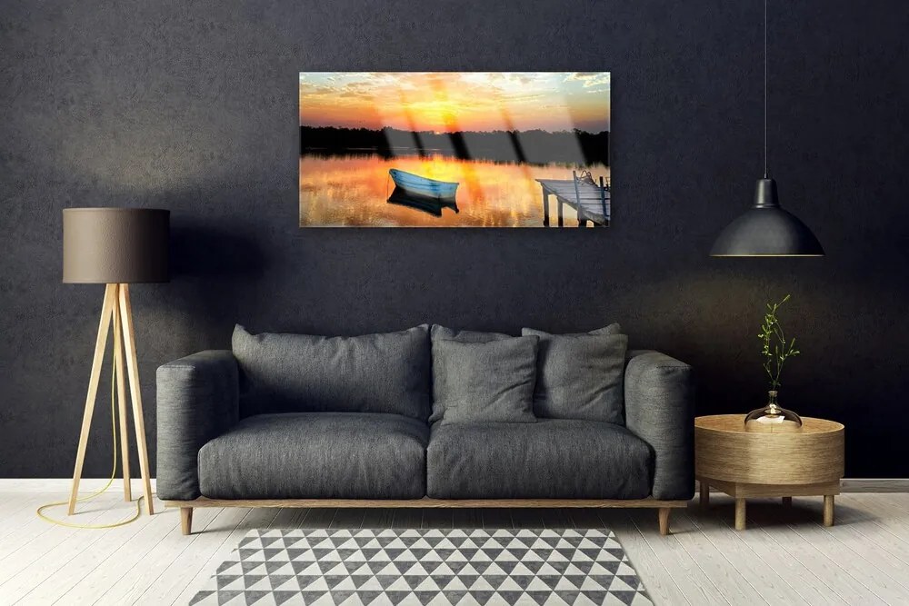 Obraz na skle Loďka Most Jezero Krajina 125x50 cm