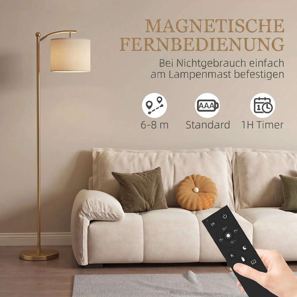 HOMCOM Stojací lampa, nastavitelné možnosti osvětlení, nožní spínač, dálkové ovládání, kov, zlatá