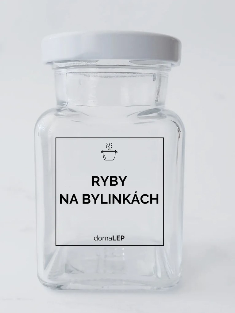 Samolepka na kořenky RYBY NA BYLINKÁCH průhledná 5 × 5 cm tučné písmo
