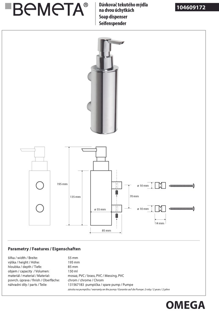 Bemeta Design OMEGA: Dávkovač mýdla, 150 ml -