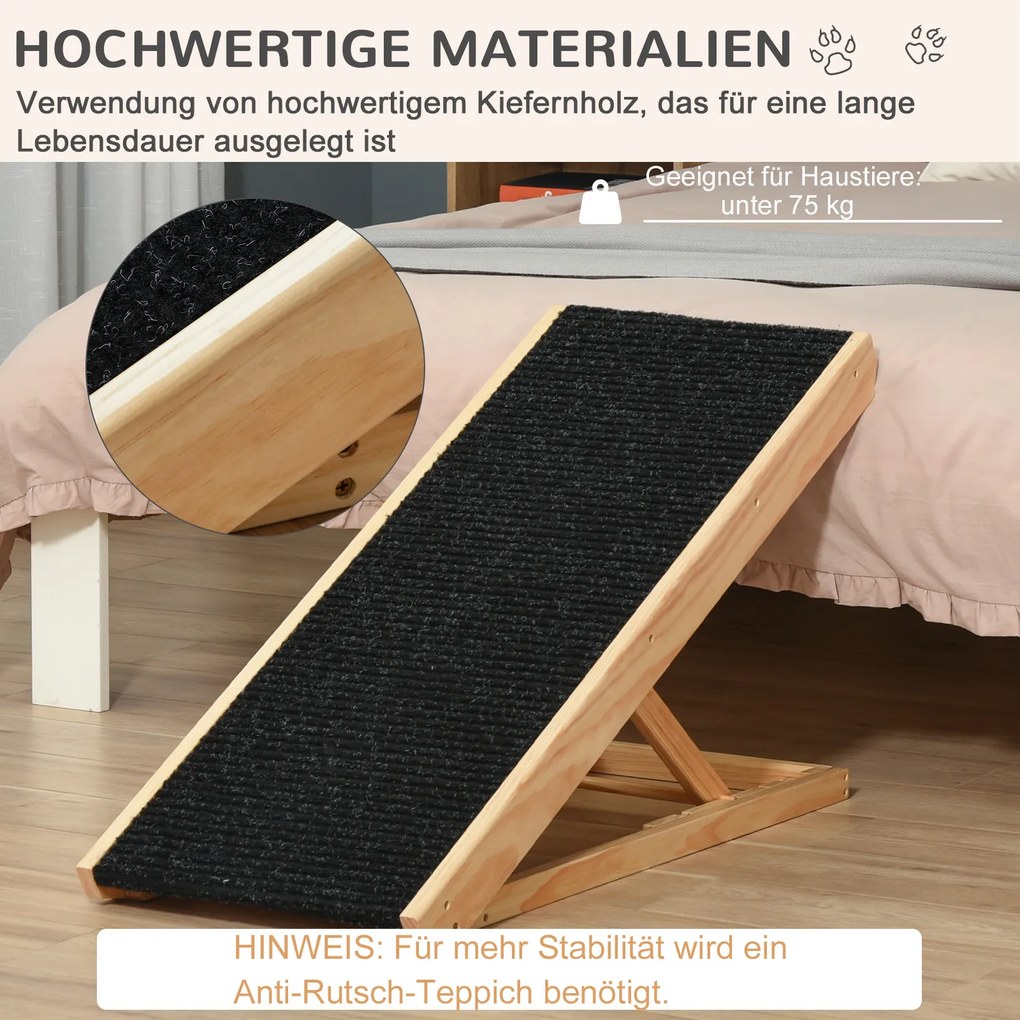 PawHut rampa pro psy nastavitelná rampa pro psy s protiskluzovým kobercem z borovicového dřeva a polyesteru 90x40x61cm pro psy a kočky | Aosom.de