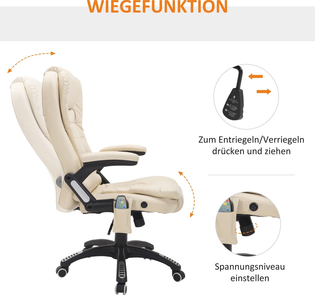 Masážní kancelářské křeslo HOMCOM manažerské křeslo s 6bodovou vibrační masáží a funkcí vyhřívání, otočné z imitace kůže v béžové barvě