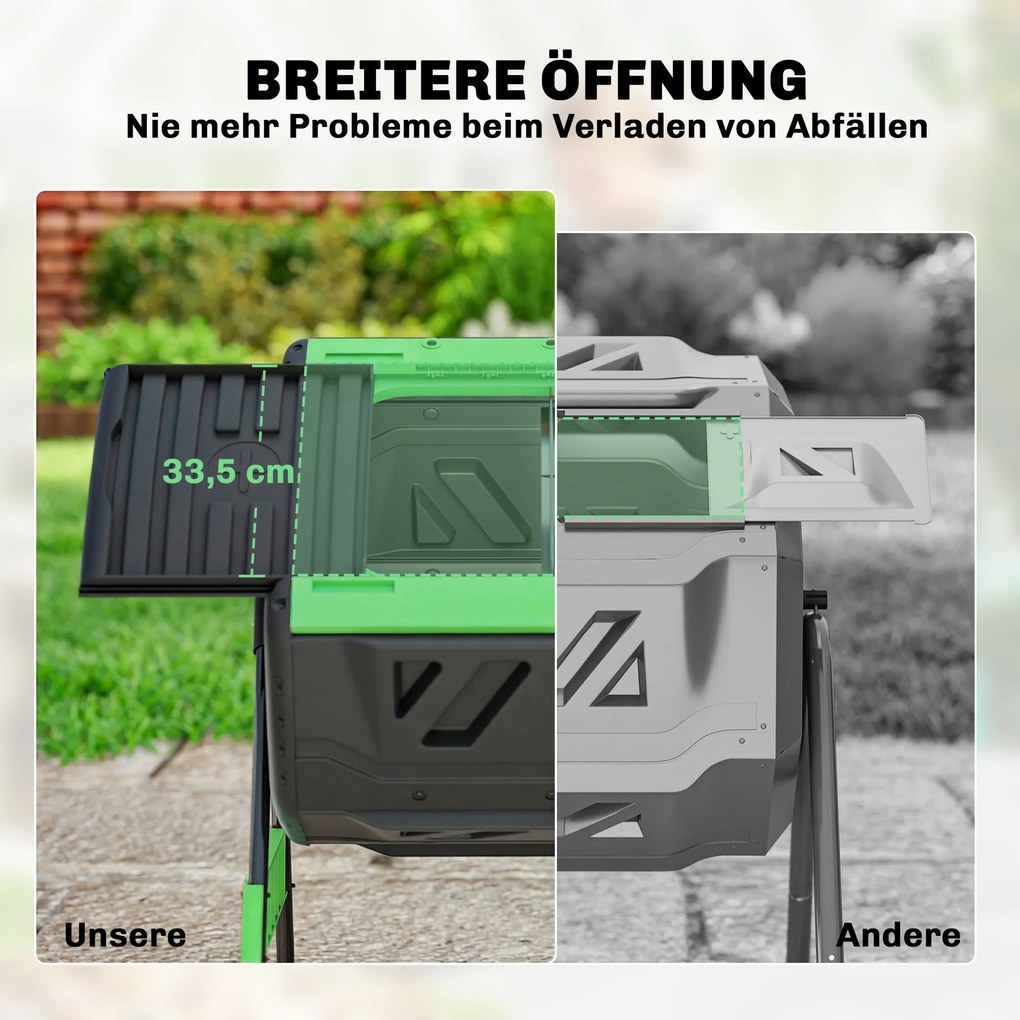 Outsunny 200 l kompostér s otočným bubnem, 94 × 67 × 98 cm – rychlý kompostér s větracími otvory a posuvnými dvířky, odolný plast