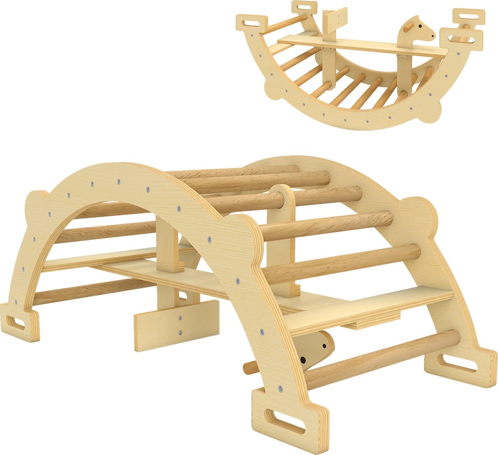 Montessori prolézačka pro vnitřní použití, dřevěný prolézací oblouk 2 v 1, pro děti od 2 do 4 let, 110x52x45 cm, přírodní dřevo