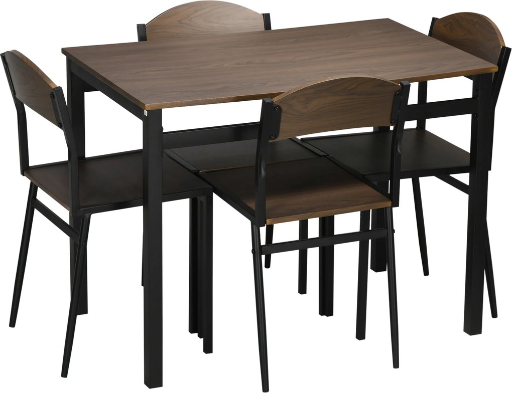 HOMCOM 5-dílná jídelní souprava se 1 obdélníkovým stolem 100x63x76.5 cm a 4 židlemi 45x40x82 cm, v kovu a MDF, černá a hnědá | Aosom