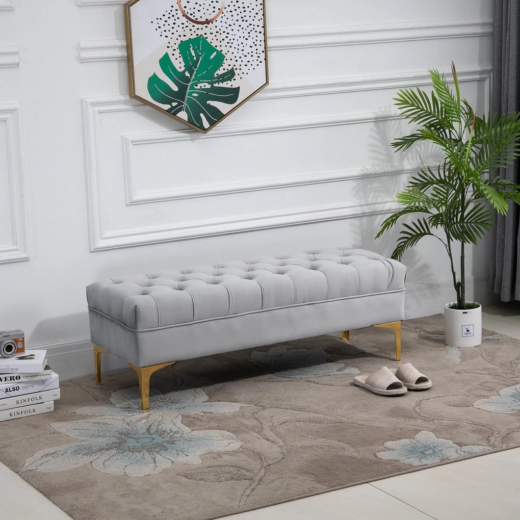 HOMCOM Lavice k posteli Lavice na boty se zvýšenými nohami ze sametu ve světle šedé barvě 118x45x42cm do ložnice a předsíně | Aosom.de