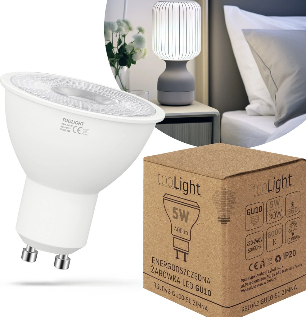 Toolight Toolight, LED žárovka GU10, 5W, 400lm, 6000K, studená barva, RSL042, OSW-20023