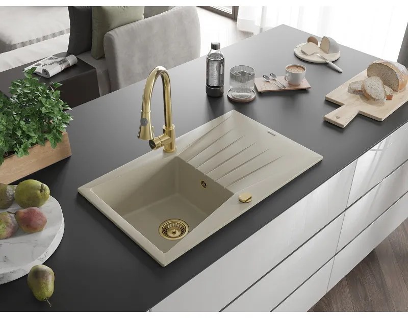 Mexen Cesar, 1-komorový granitový dřez 775x470x190 mm a dřezová baterie Elia, béžová, 6514-69-670101-50