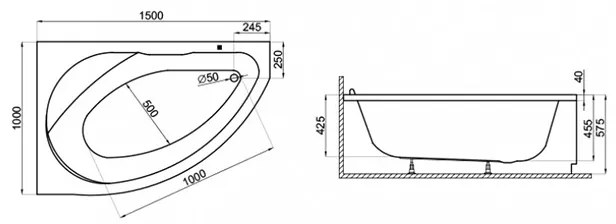 Polimat Akrylátová asymetrická vana Marea 150x100 (160x100) L(R) AS Barva: Bílá, Rozměry (cm): 150x100, Orientace: Pravá