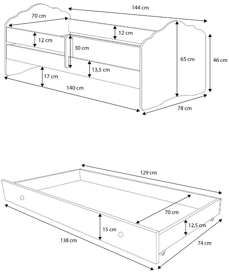 ADRK Postel CASIMO CAT, CH-Cas-Cat-140-E123, 140x70 cm se zásuvkou a matrací, bílá/grafika