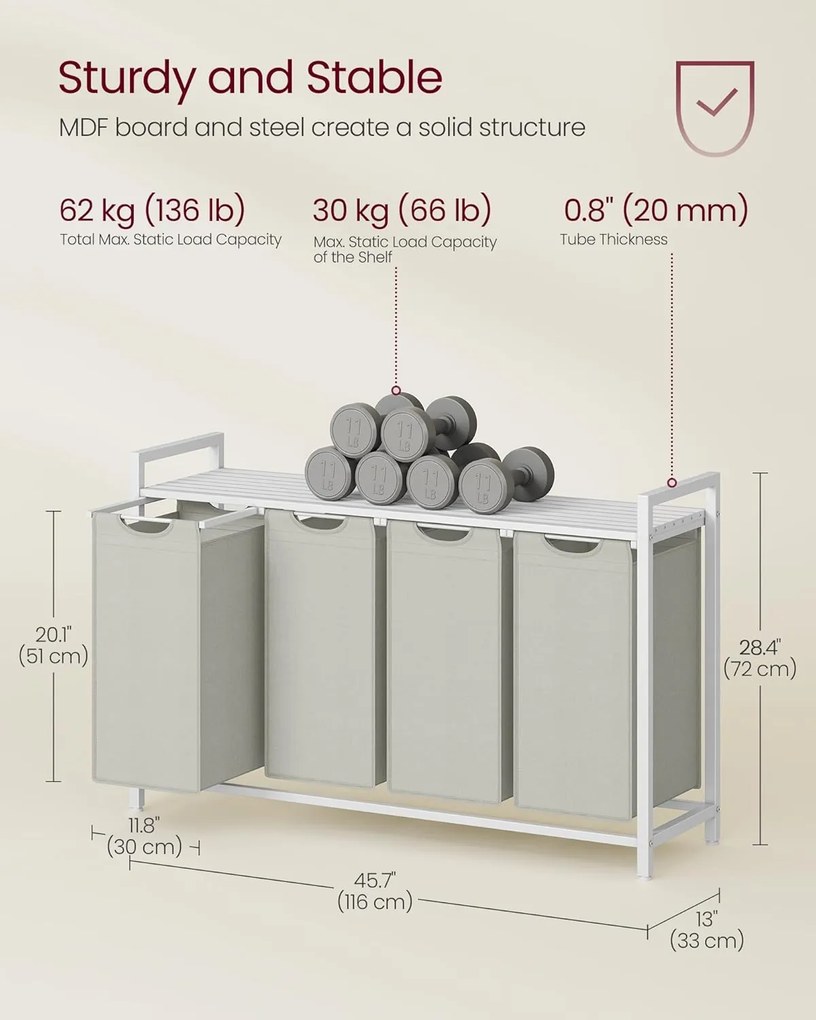VASAGLE 4 přihrádky koš na prádlo 4 × 40 L, 116 × 33 × 72 cm, krémově bílý a matně bílý