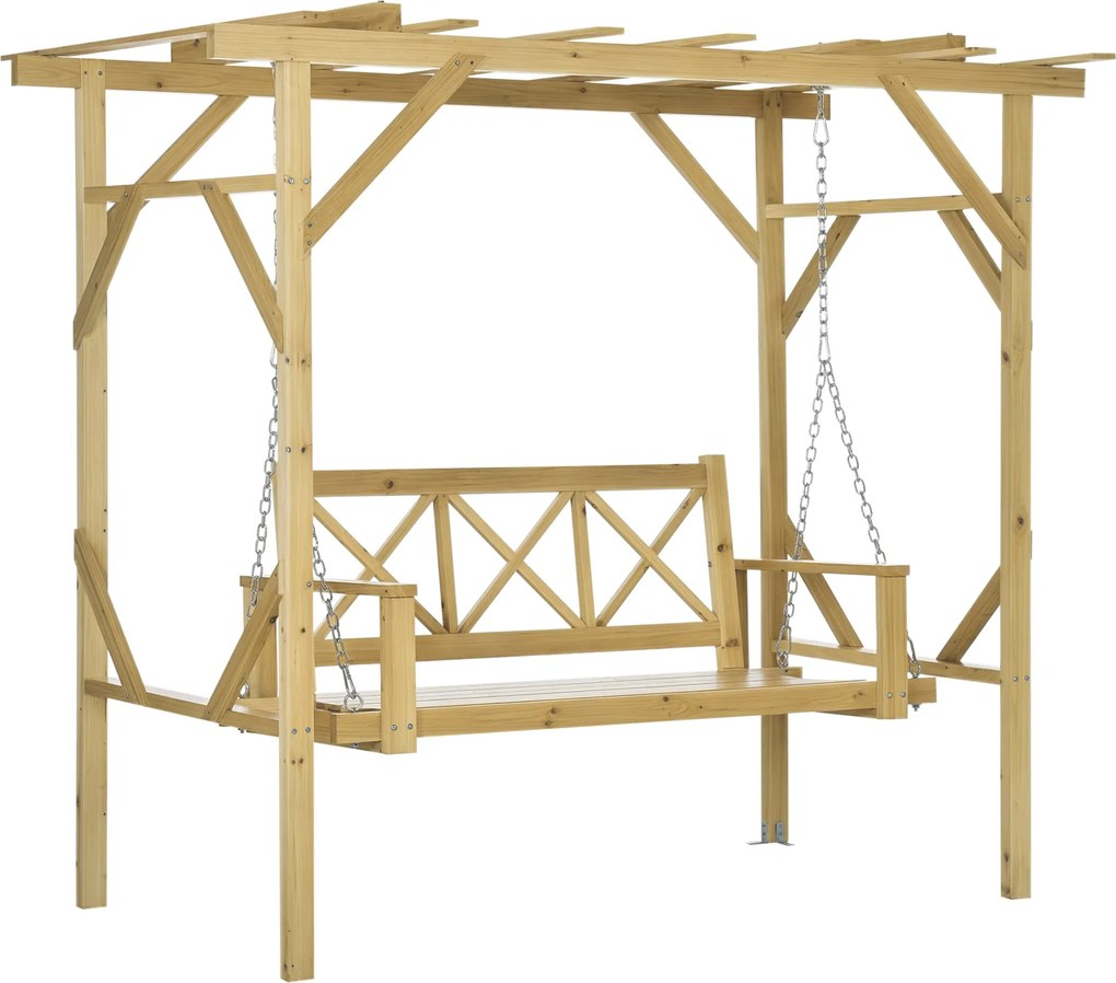 Outsunny Hollywoodská houpačka s pergolou, 2-místná zahradní houpačka, odolná bench pro zahradu, balkon, masivní dřevo, přírodní, 221 x 140 x 196 cm |