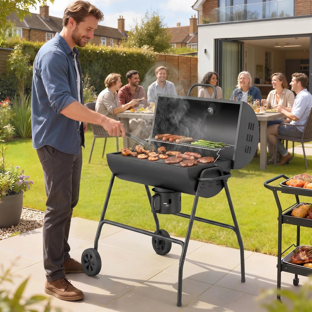 Outsunny Kovový gril na dřevěné uhlí BBQ udírna s víkem Teploměr Kolečka Grilovací vozík 95x71,5x102 cm Černá barva