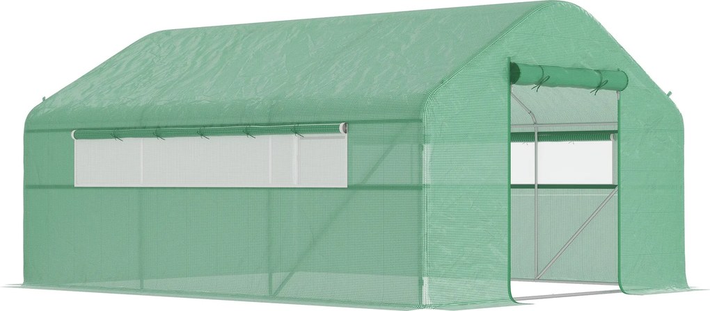 Outsunny Zelený Túnelový Skleník 4x3x2 m s 2 Mřížkovými Okny, Anti-UV PE Kryt a 1 Otevírací Dveře se Zipem Zelený Zahradní Skleník