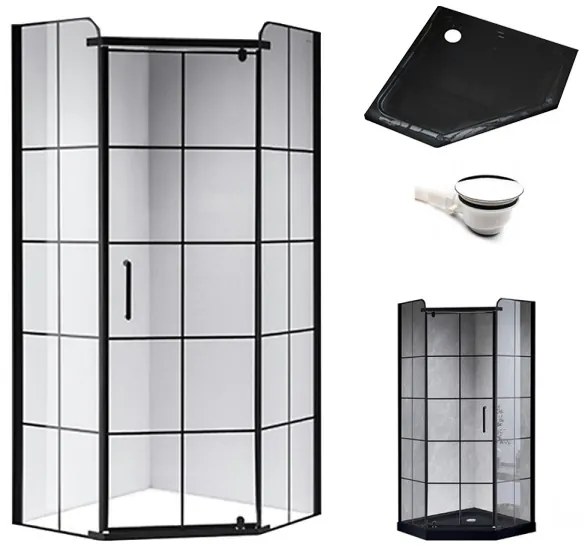 BPS-koupelny Pětiúhelníkový sprchový kout HYD-PK06A 80x80 cm černá/transparent + vanička HYD-PSV-ST07A černá