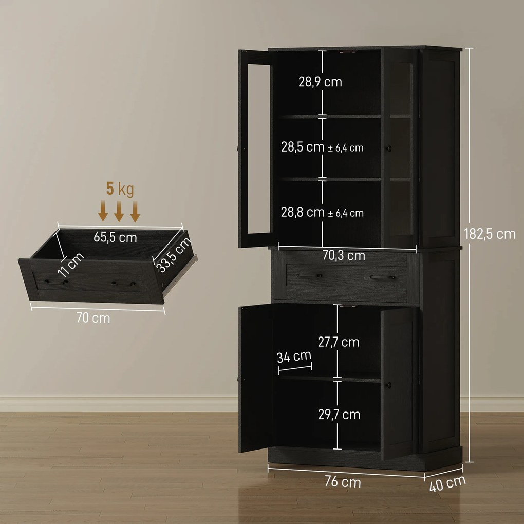HOMCOM vysoká kuchyňská skříň, 2 přihrádky, akrylátové dveře, nastavitelná police a zásuvka, černá, 76 x 40 x 182,5 cm