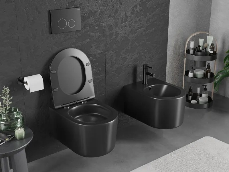 Mexen Sofia, závěsná WC mísa 490x360x355 mm, Rimless Tornádo + WC sedátko z duroplastu, černá matná, 30541085T