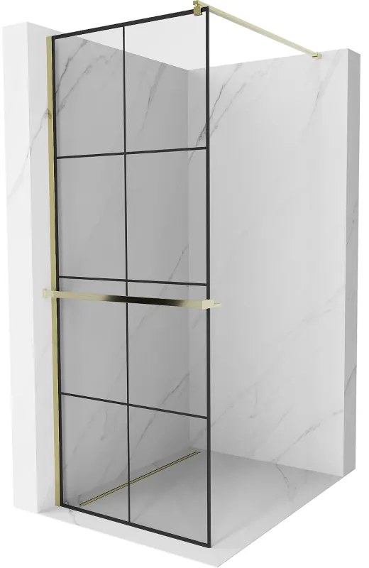 Mexen Kioto+ sprchová stěna s poličkou Walk-in 70 x 200 cm, černá mřížka, zlatá - 800-070-121-50-77